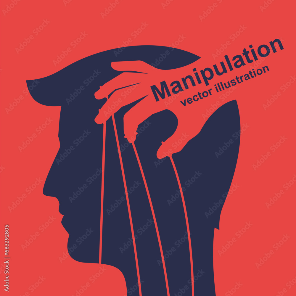 Manipulation concept. Black silhouette heads icon. Worker on ropes ...