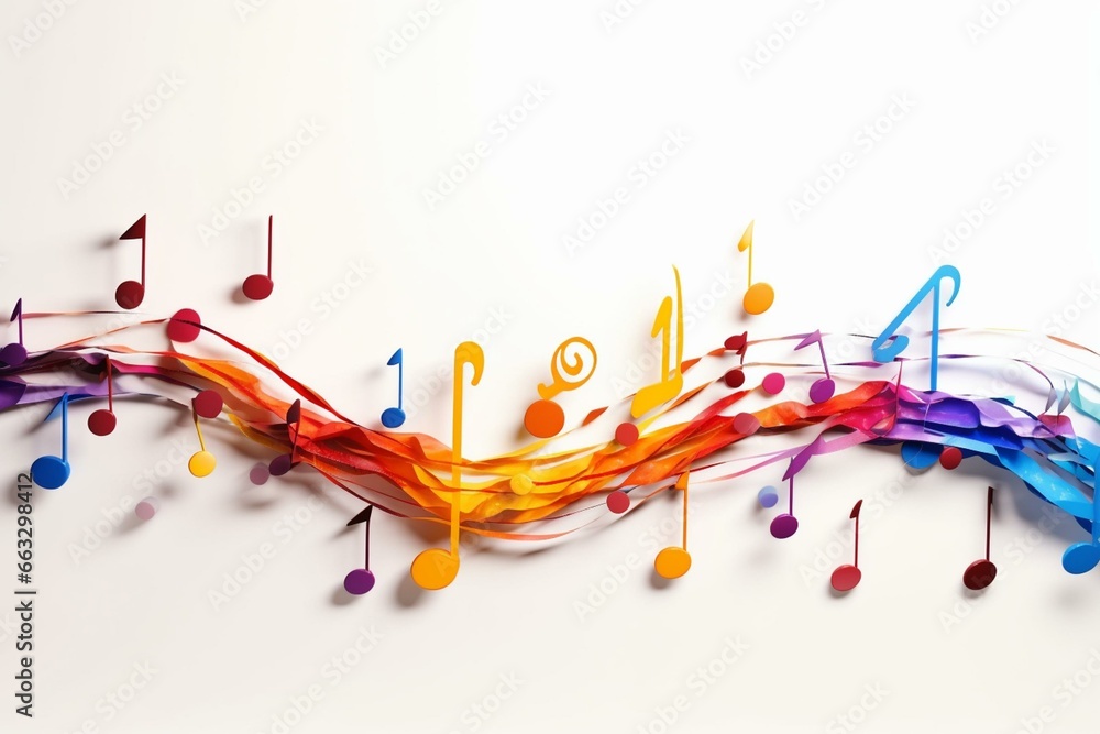 Colorful music notes on a white background with a treble clef. Banner ...
