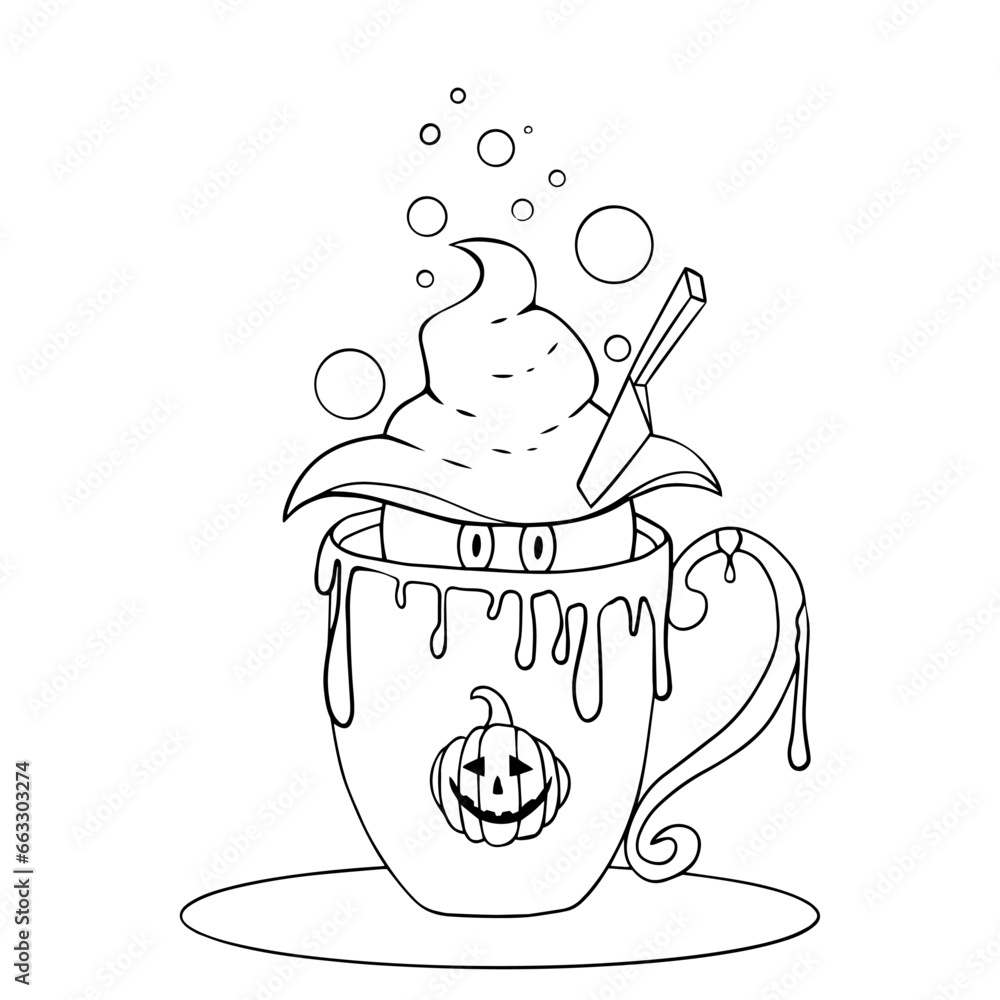 Coffee in a mug at Halloween with a ghost in a witch hat. Ghost in a ...
