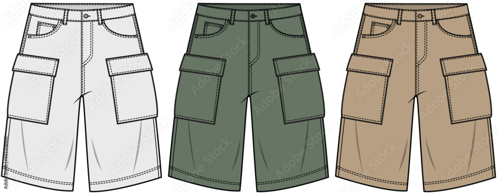 Poster cargo bermuda shorts flat sketch vector illustration technical ...