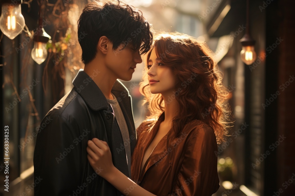 Amidst city vibes, a happy Asian couple's tender hug captures the ...