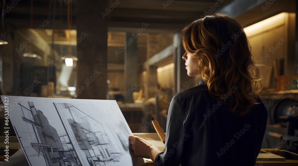 Professional female architect in work process. Drawing building design ...