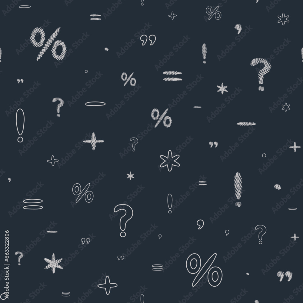 Seamless pattern of hatched math signs, punctuation marks on chalkboard ...