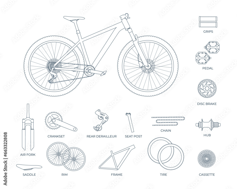Mountain bike with a set of parts and titles in outline sketch stile ...