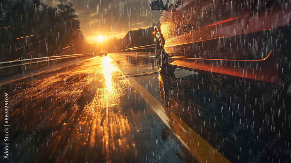rain autumn headlights car highway fog, background with a copy of the ...