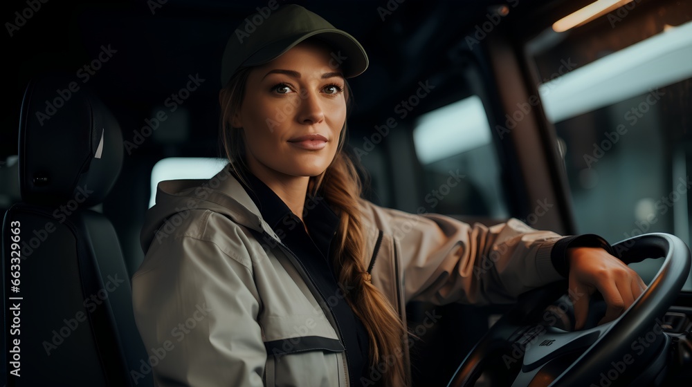 Professional female bus driver behind steering wheel. Gender equality ...
