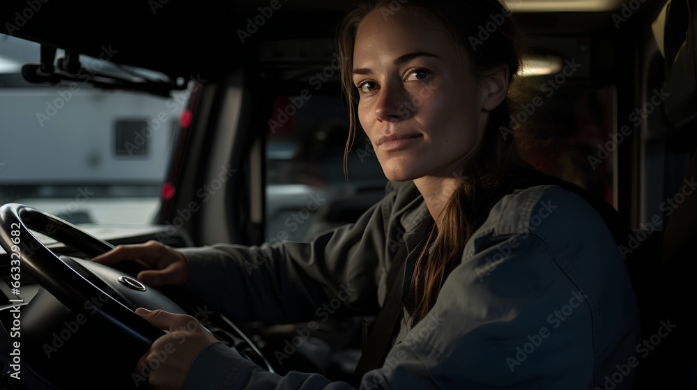 Professional female bus driver behind steering wheel. Gender equality ...