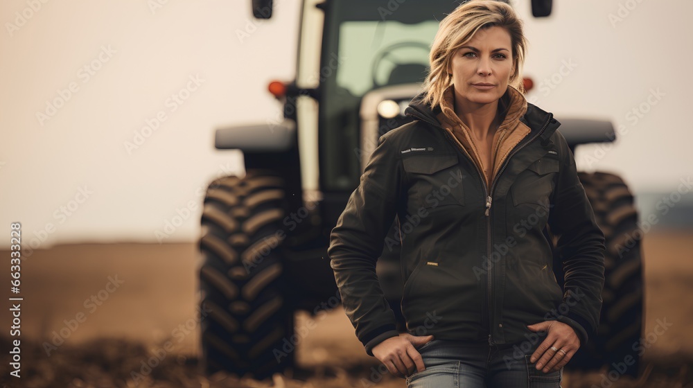 Mature female tractor driver and professional farmer. Strong leader and ...
