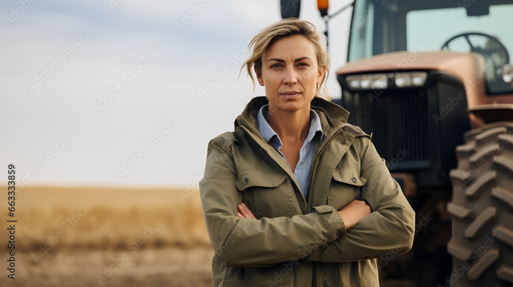 Mature female tractor driver and professional farmer. Strong leader and ...