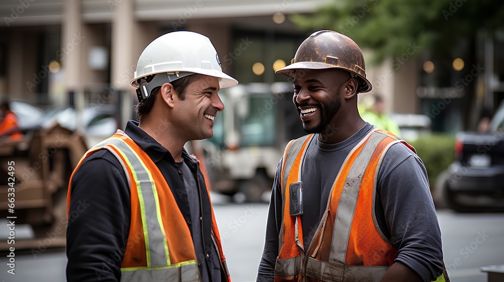 Diverse group of construction workers with friendly conversation on ...