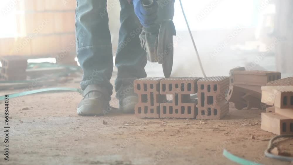 Close-up of a construction worker use a grinder to cut through bricks ...