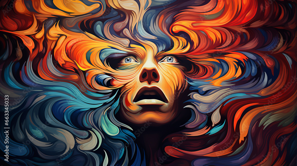 Person face enshrouded of colorful fragments, depicting inner turmoil ...