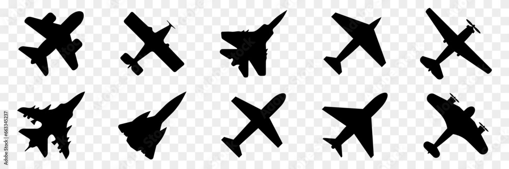 Black airplane icon collection. Set of black plane silhouette icon ...