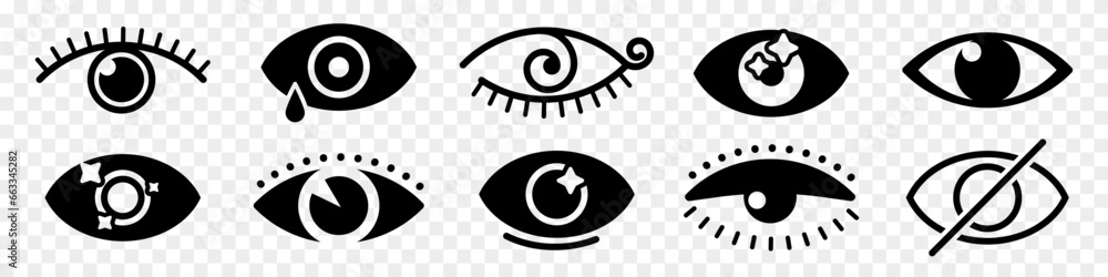 Eyes icon collection. Set of black eye signs. Vision symbols. Retina ...