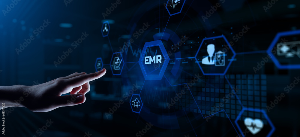 EMR Electronic medical record hospital database system. Hands pressing ...