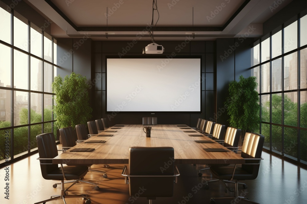 Boardroom setting Meeting space equipped with a wall mounted screen ...