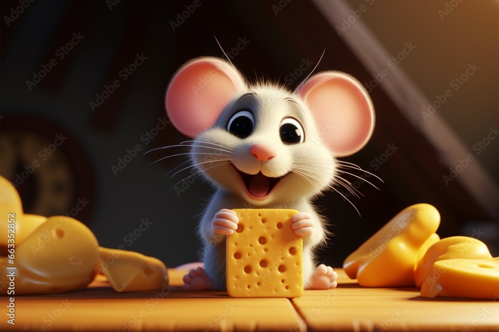 Cartoon delight A little mouse smiles alongside cheese in animated form ...