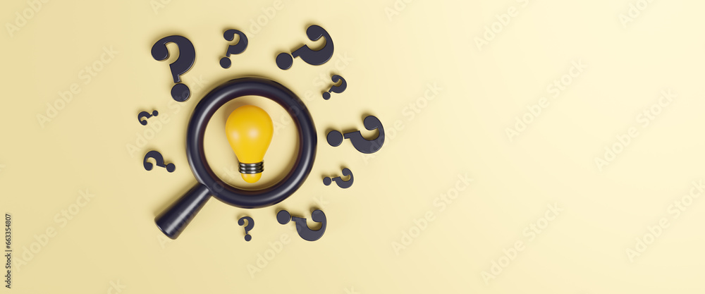 Light bulb and question mark. Light bulb and idea checking icon inside magnifier glass, solution ...
