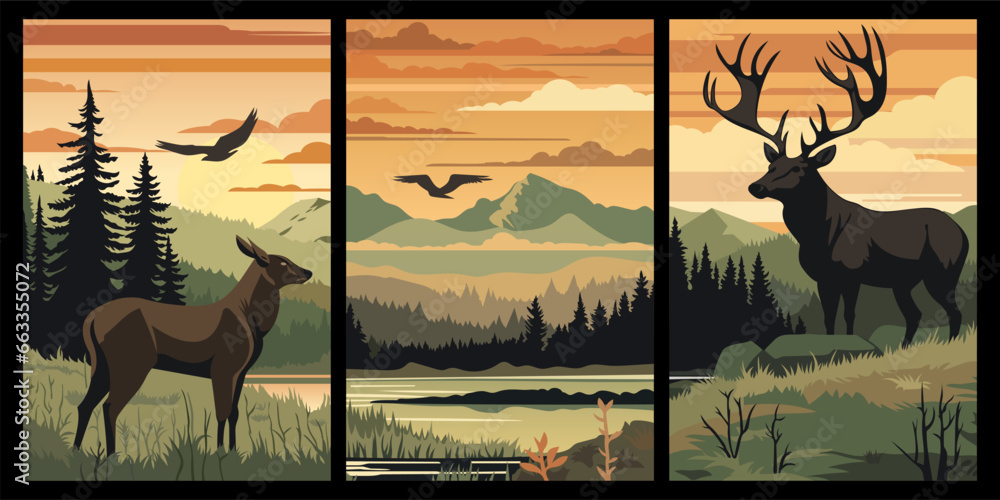 Nature and landscape. Beautiful set of wildlife landscapes with ...