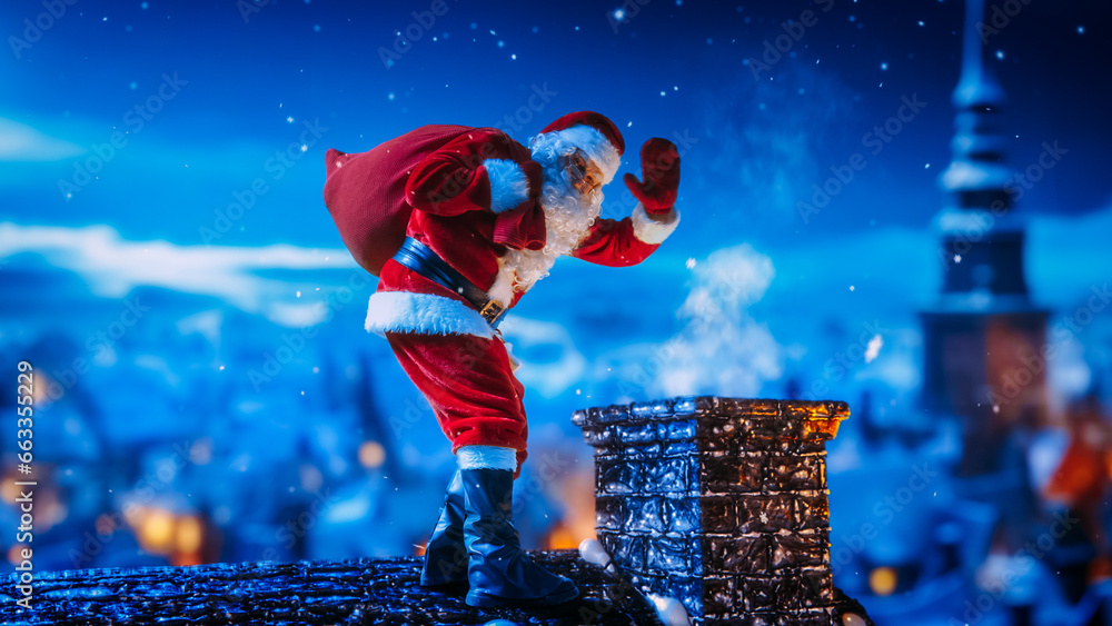 Santa Claus Carrying a Red Bag with Gifts to Children, Carefully ...