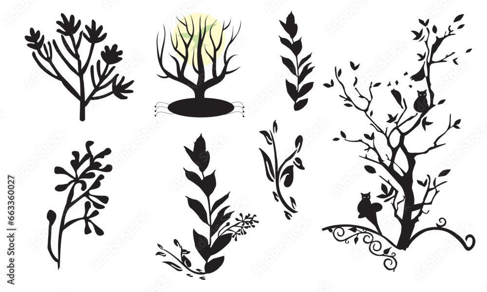 tree line drawing set, set of graphics trees elements outline symbol ...
