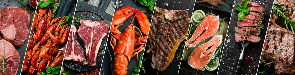 Collage of different assortment of meat and seafood: veal steaks ...