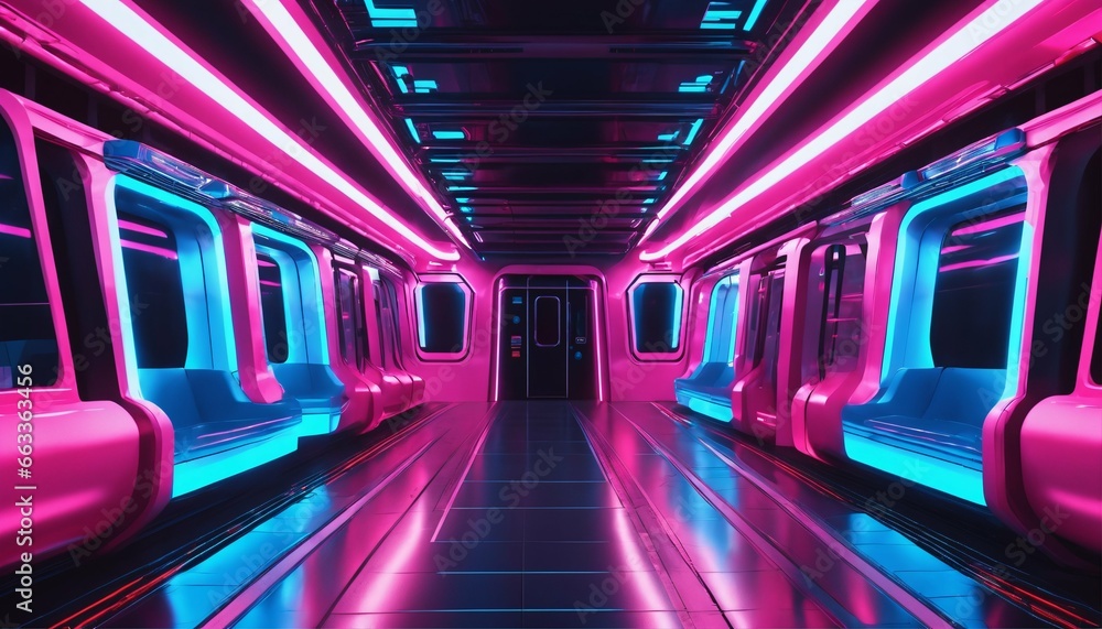Neon pink and blue light illuminating fast underground subway train ...