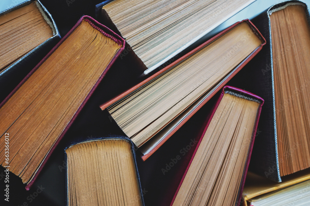 Books, top view. Yellowed pages of thick books, concept of a library ...