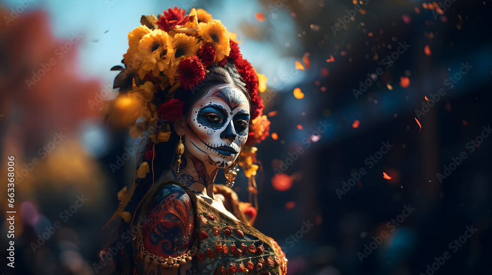 Mujer latina vestida de catrina mexicana con maquillaje de calavera y ...