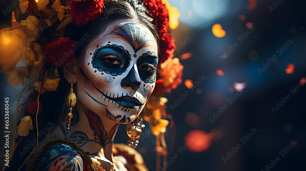 Mujer latina vestida de catrina mexicana con maquillaje de calavera y ...