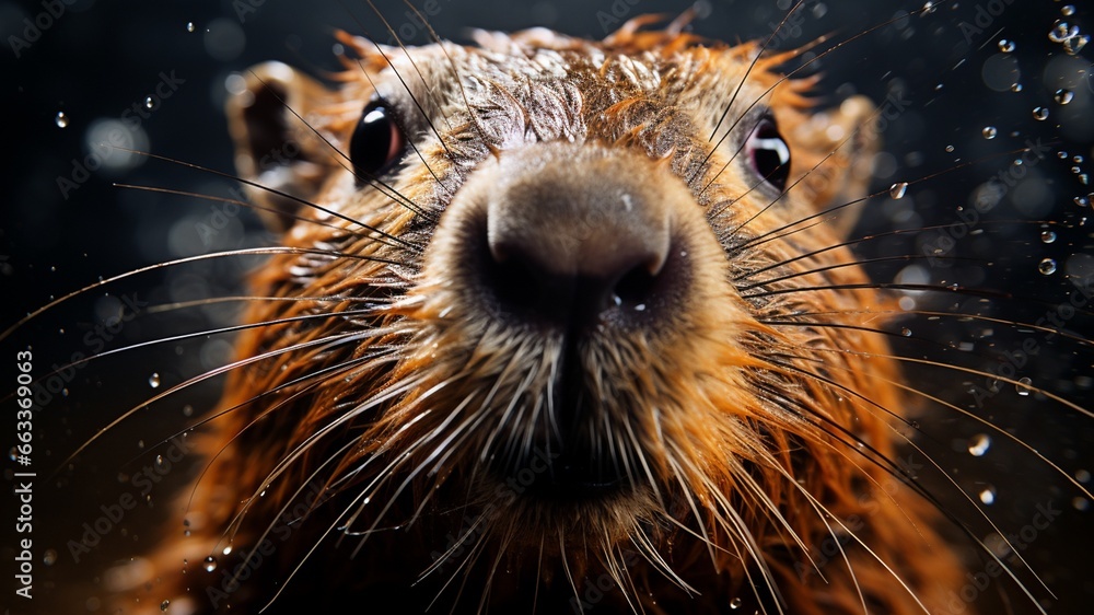 Capybara, rodent swimming in the water near the reeds with its brown ...