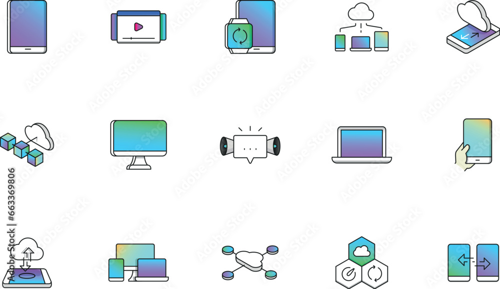 Vector set of linear icons related to network cloud service, data ...