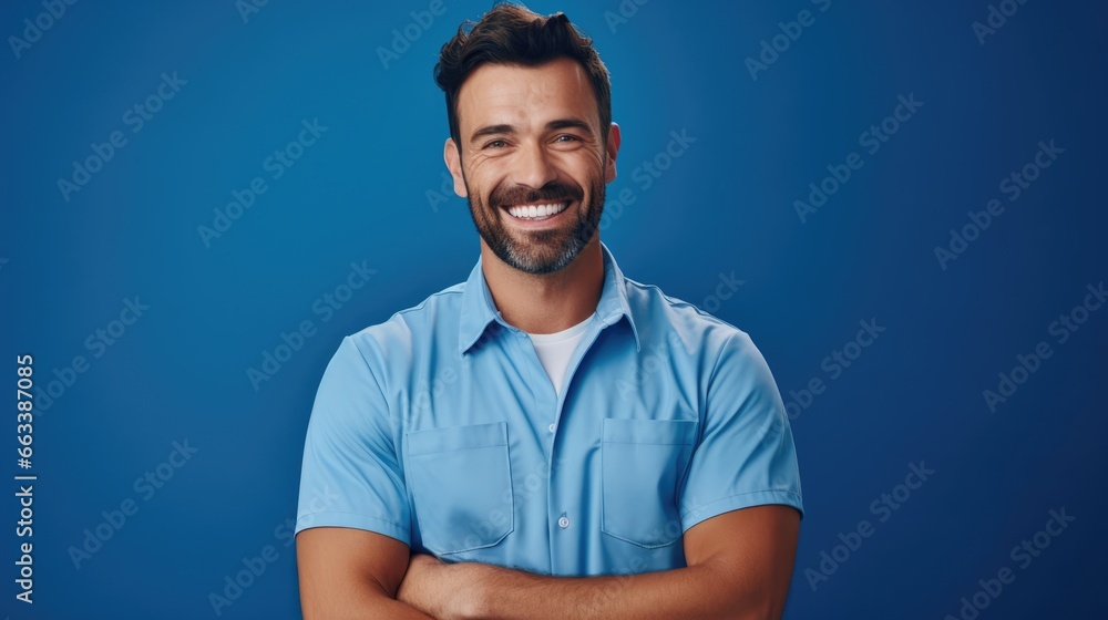 Smiling portrait of confident handsome male plumber, master in uniform ...
