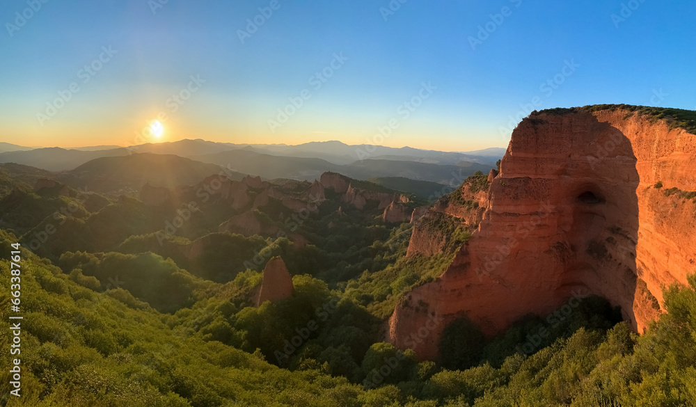 view of Las Medulas, ancient Roman gold mine in Spain at sunset ...