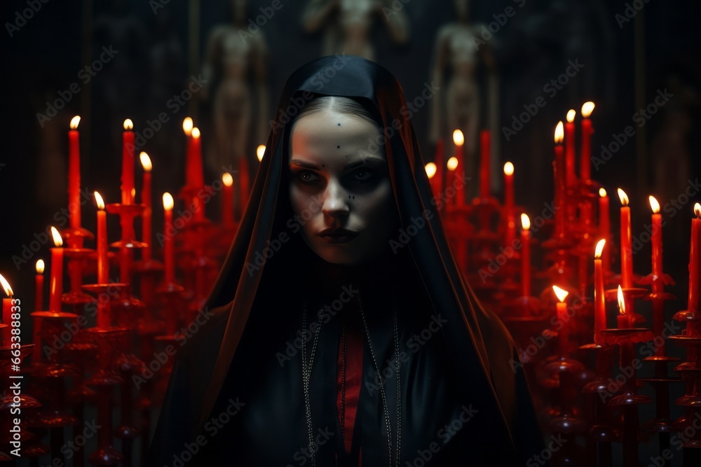 Sci-fi devil nun in the night cathedral in shades of red amidst a ...