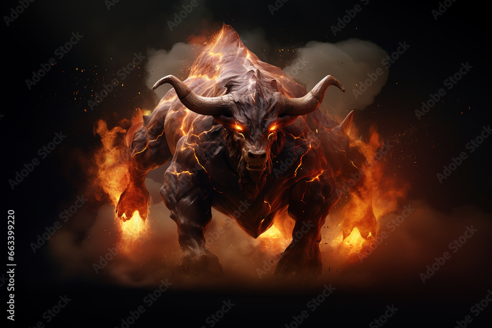Image of angry bull devil with flames. Wild animal. illustration ...
