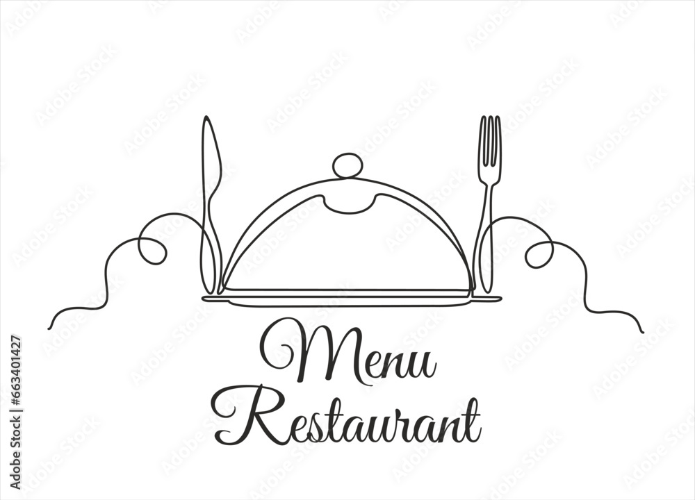 Continuous one single line drawing of fork, spoon and metal cover. Menu ...