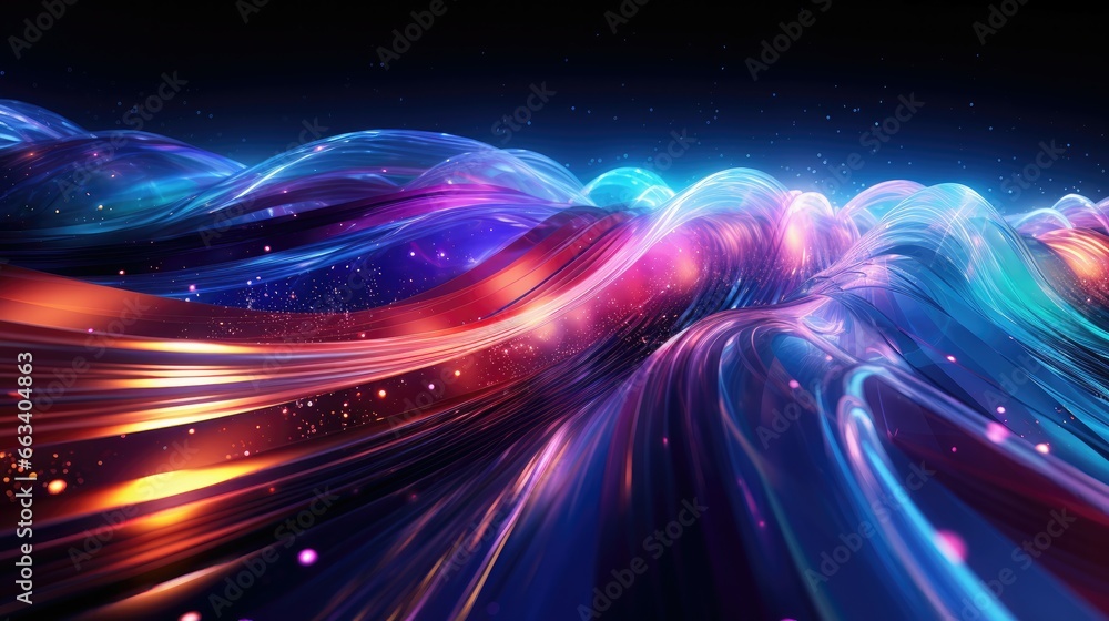 Abstract swirls of information travel through optical fiber, data ...