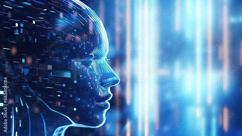 Artificial Intelligence in Motion, Dynamic Futuristic Background.Cyborg head with binary code ...