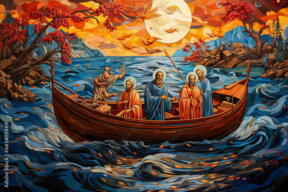 Jesus Christ on a fishing boat with his disciples Stock Illustration ...
