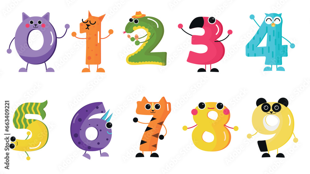 Cute and funny animal set of numbers. Vector numbers in cartoon style ...