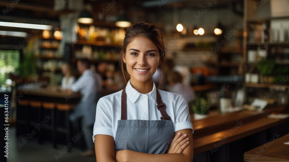 Confident waitress ready for service in a busy restaurant and retail ...