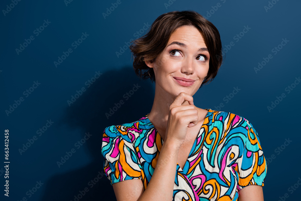 Portrait of cute lady thinking about her inspiration touch chin looking ...