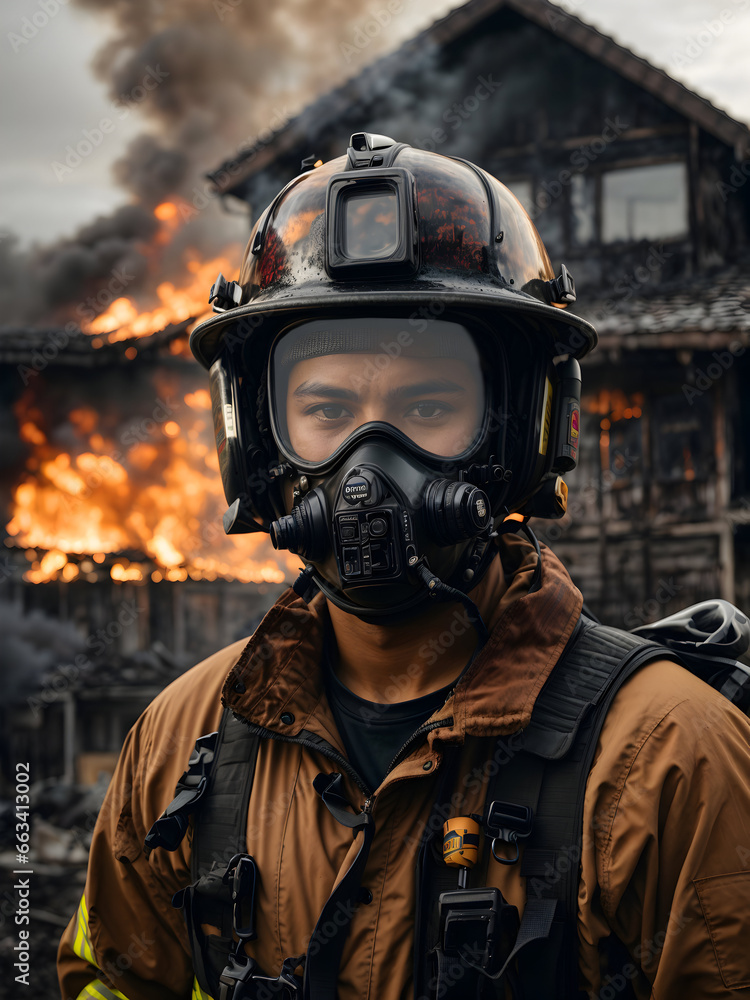 Portrait d'un pompier devant une maison en feu. Stock Photo | Adobe Stock