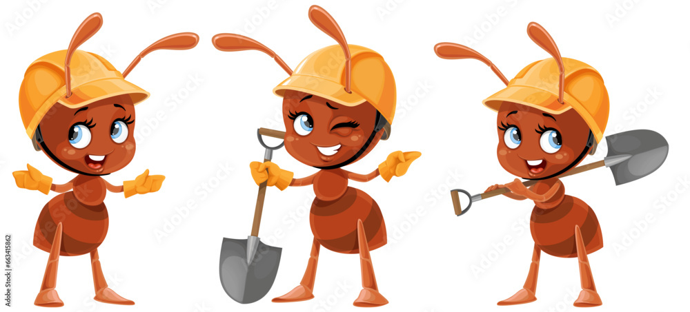 Cute cartoon ants in construction helmet with a shovel in hand and ...