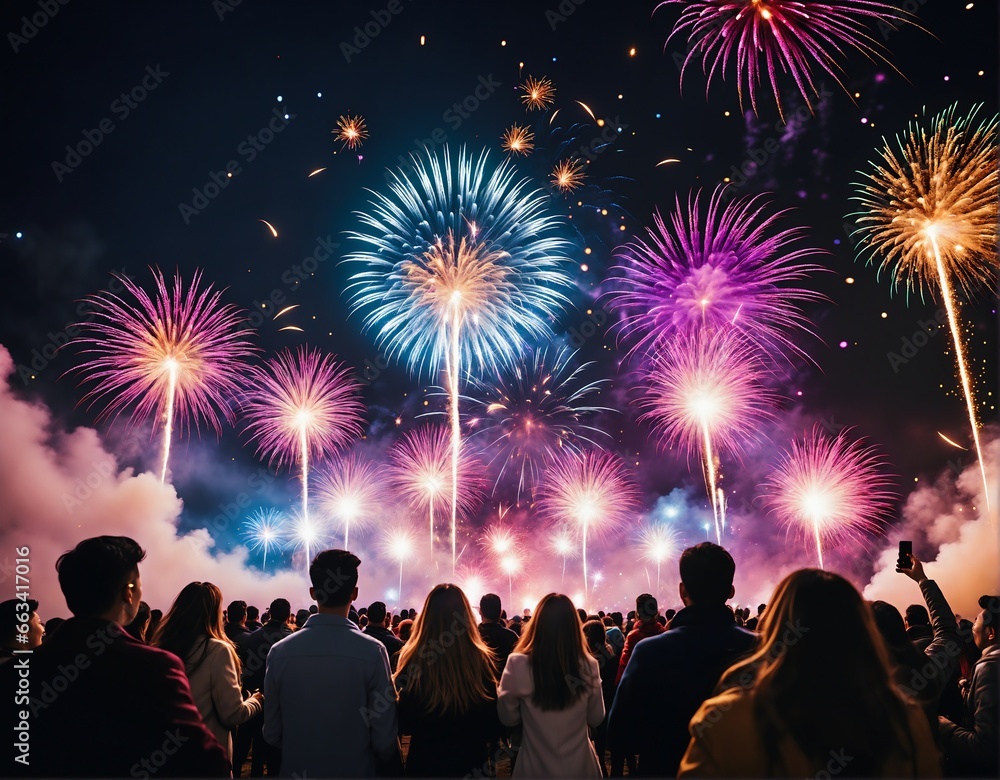 Vibrant fireworks erupt in a starry night sky, casting a shower of ...