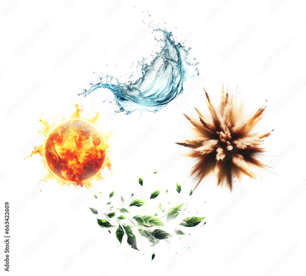 Earth, water, air, fire. Four elements of nature. 4 elements. Isolated ...