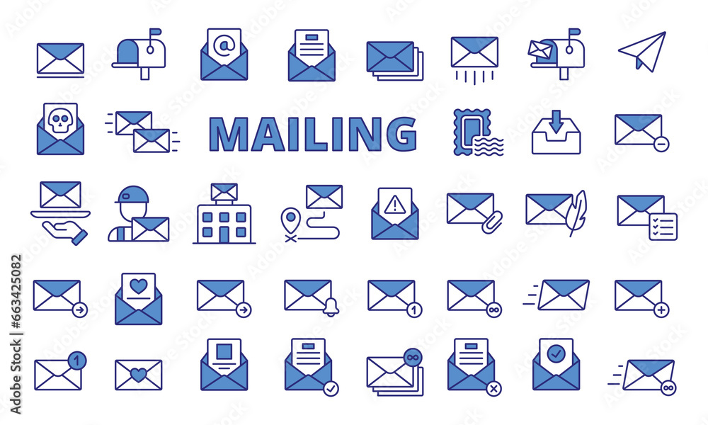 Mailing icons in line design blue. Envelope, mail, business, email ...