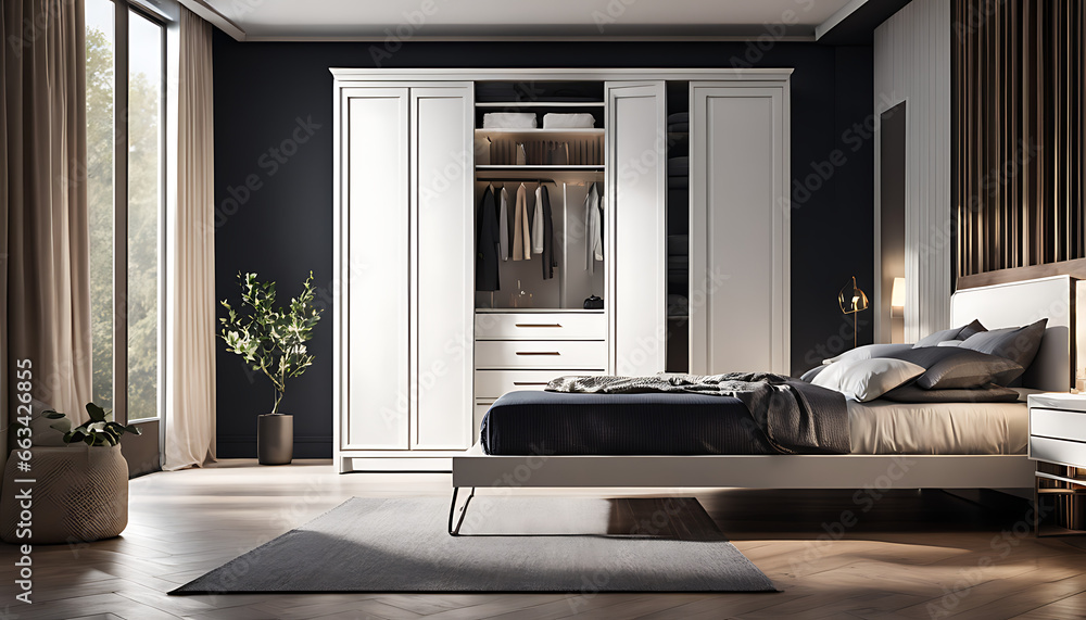 Modern bedroom interior design features a white wooden wardrobe, modern ...