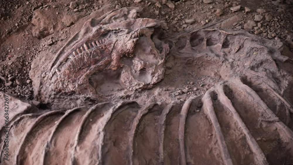 Archeology. Unearthed jurassic remains. Closeup view of dinosaur bone ...